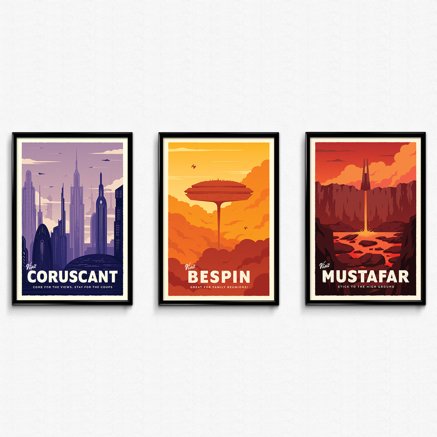 Bespin, Coruscant, & Mustafar Travel Poster Bundle – Sylvan Design